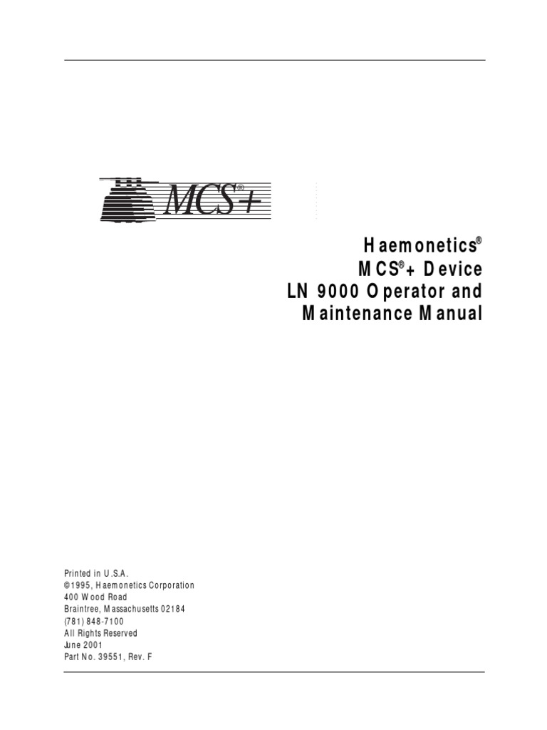 Haemonetics MCS Blood Processing LN 9000 Operator Maintenance Manual ...