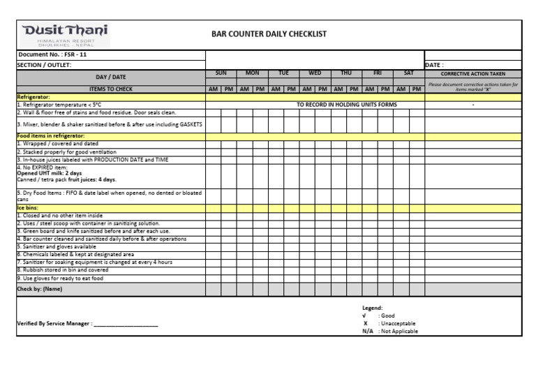 FSR - 11 Bar Counter Daily Checklist | PDF
