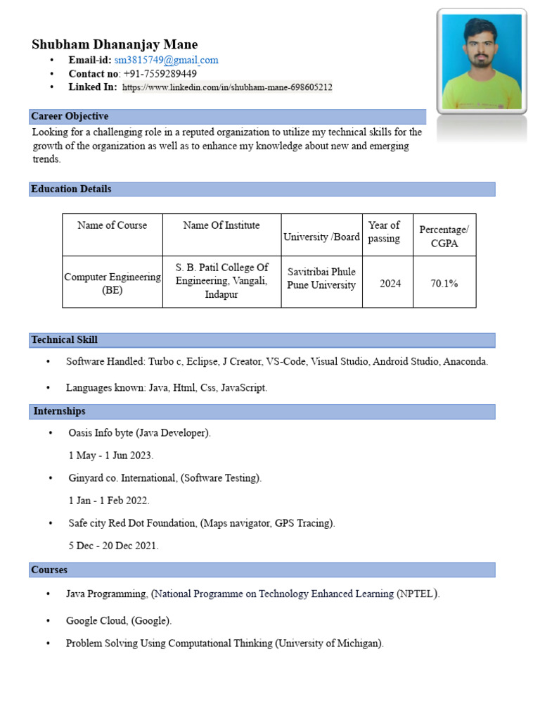 Shubham Mane Resume | PDF Shubham Mane Resume | PDF