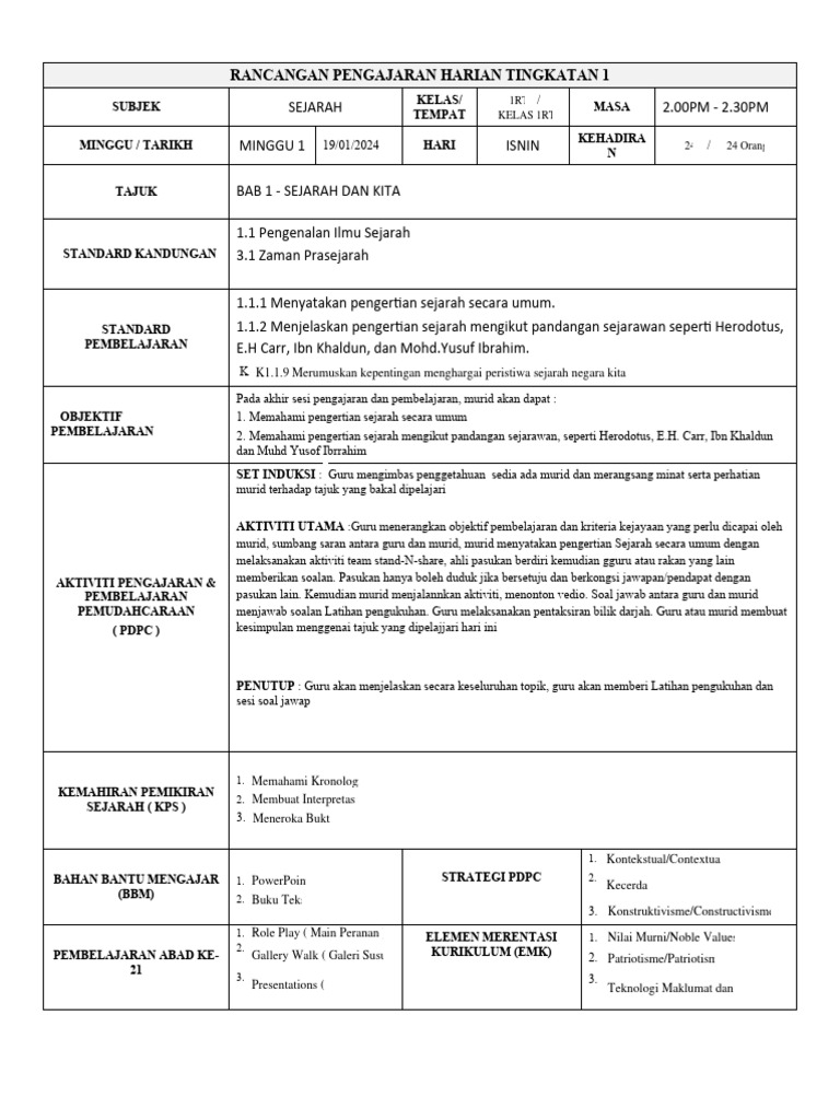 Template RPH Tingkatan 1, Sej 2020 | PDF