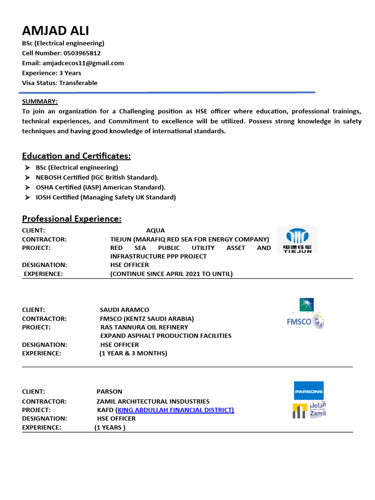 Amjad CV | PDF | Occupational Safety And Health | Firefighting