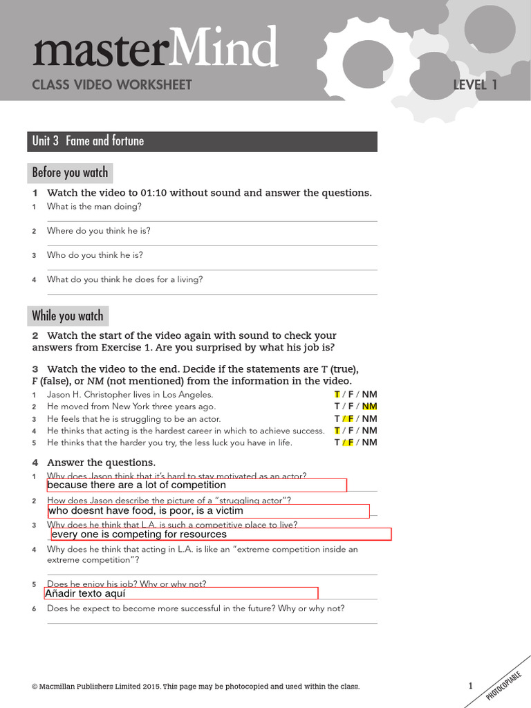 Mastermind 1 Unit 3 Class Video Worksheet Pdf Psychology