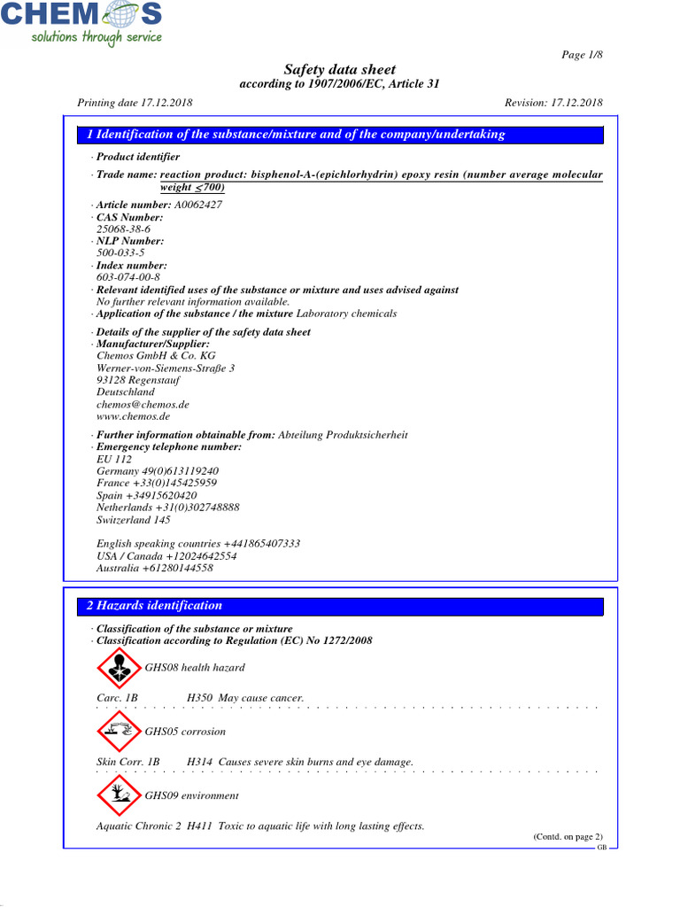 Bisphenol A Epoxy Resin Safety Data Sheet | PDF | Dangerous Goods ...