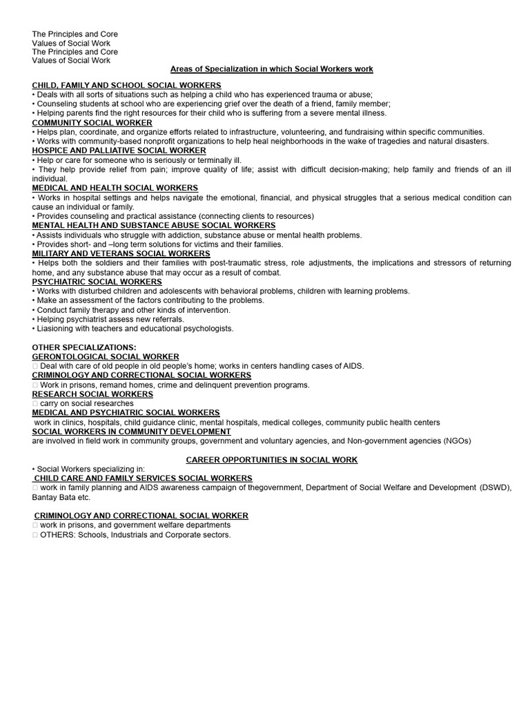 Core Values and Specializations in Social Work | PDF | Social Work ...