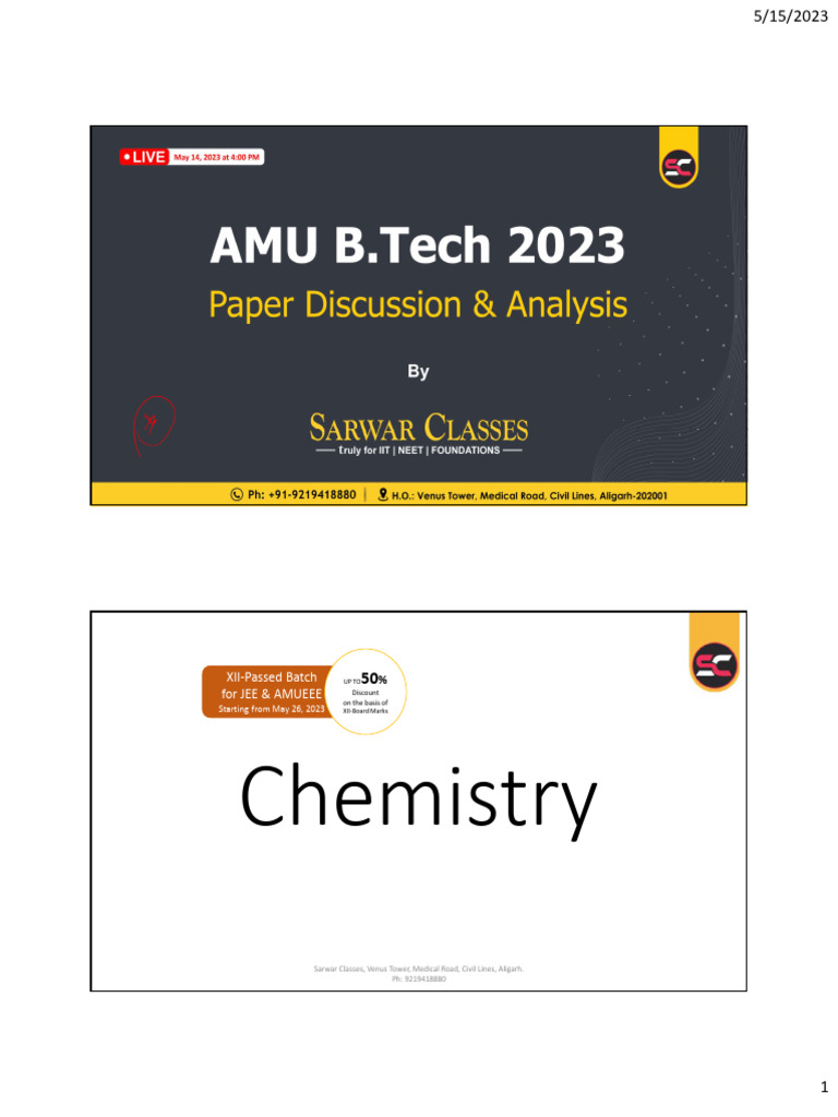 AMU B.tech-2023 Paper & Solution | PDF | Chemistry | Physical Sciences