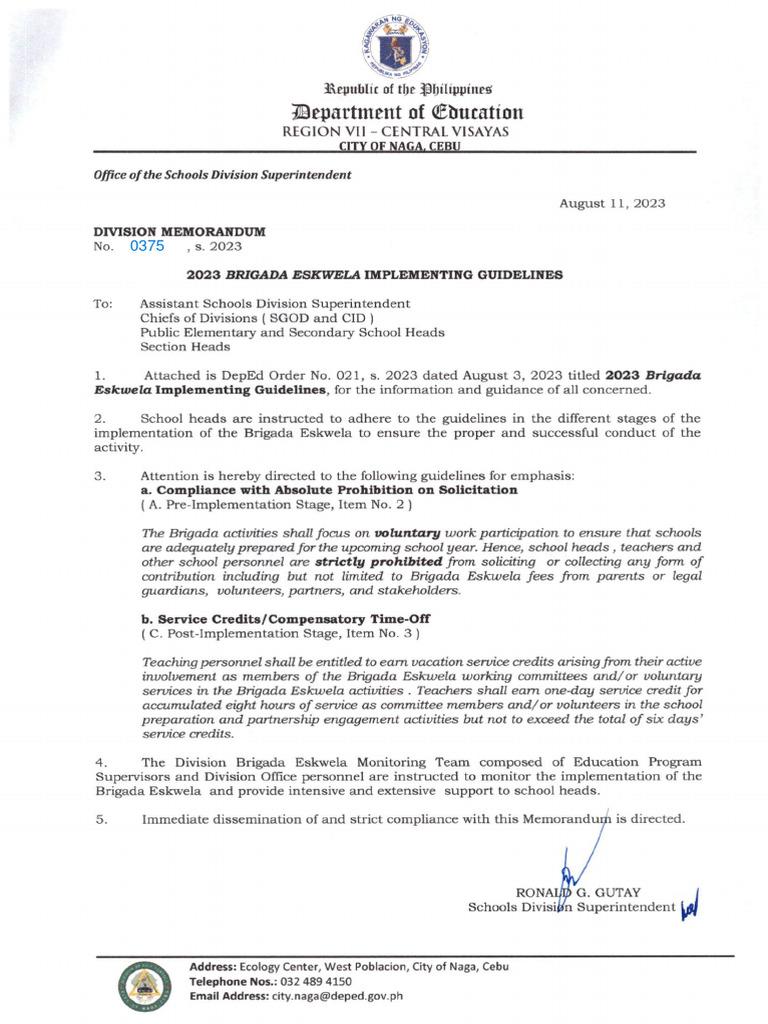 Division Memo 0375 - 2023 Brigada Eskwela Implementing Guidelines | PDF