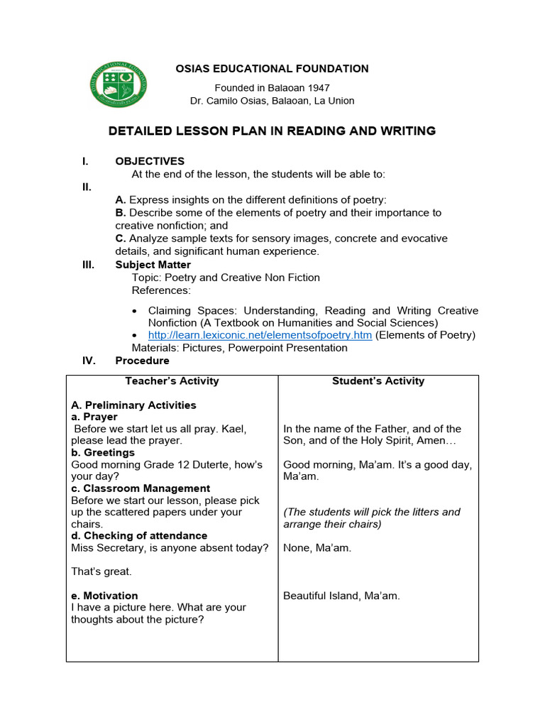 Creative Nonfiction and Poetry Lesson Plan | PDF | Language Arts ...