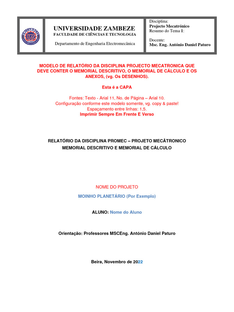 Template Do Relatório - Projeto Mecatrónico | PDF