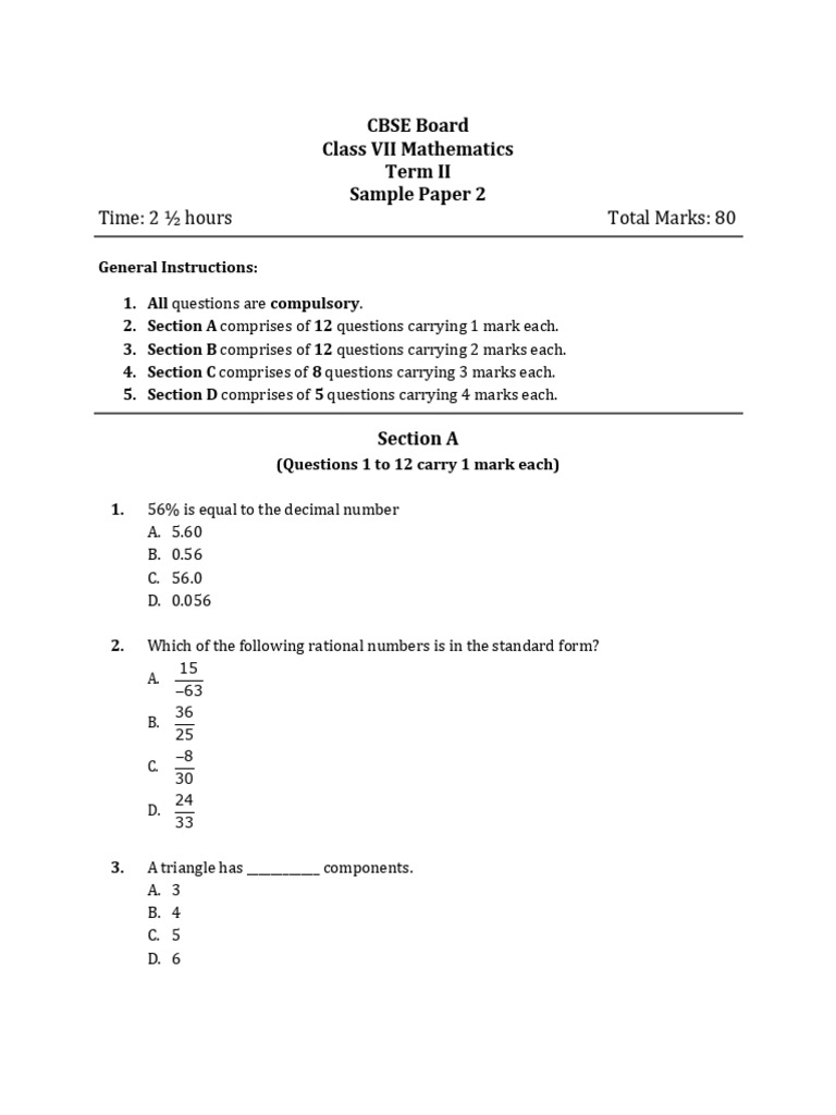 Time: 2 Hours Total Marks: 80: CBSE Board Class VII Mathematics Term II Sample Paper 2 | PDF ...