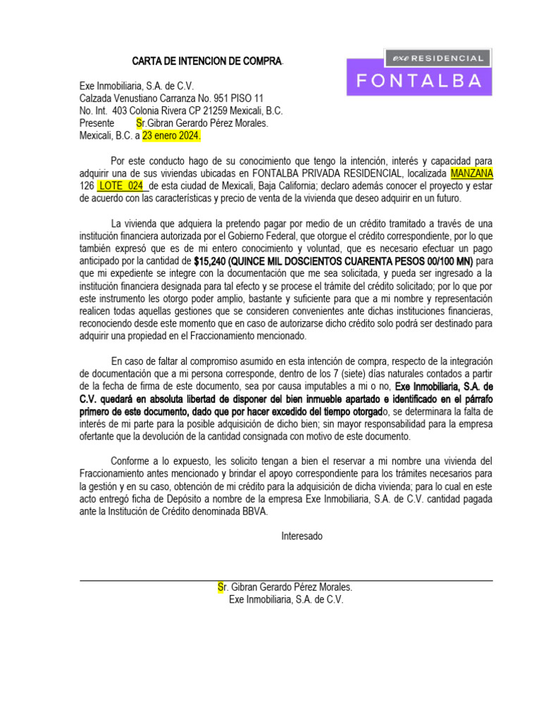 Carta Intencion de Compra | PDF | Derecho