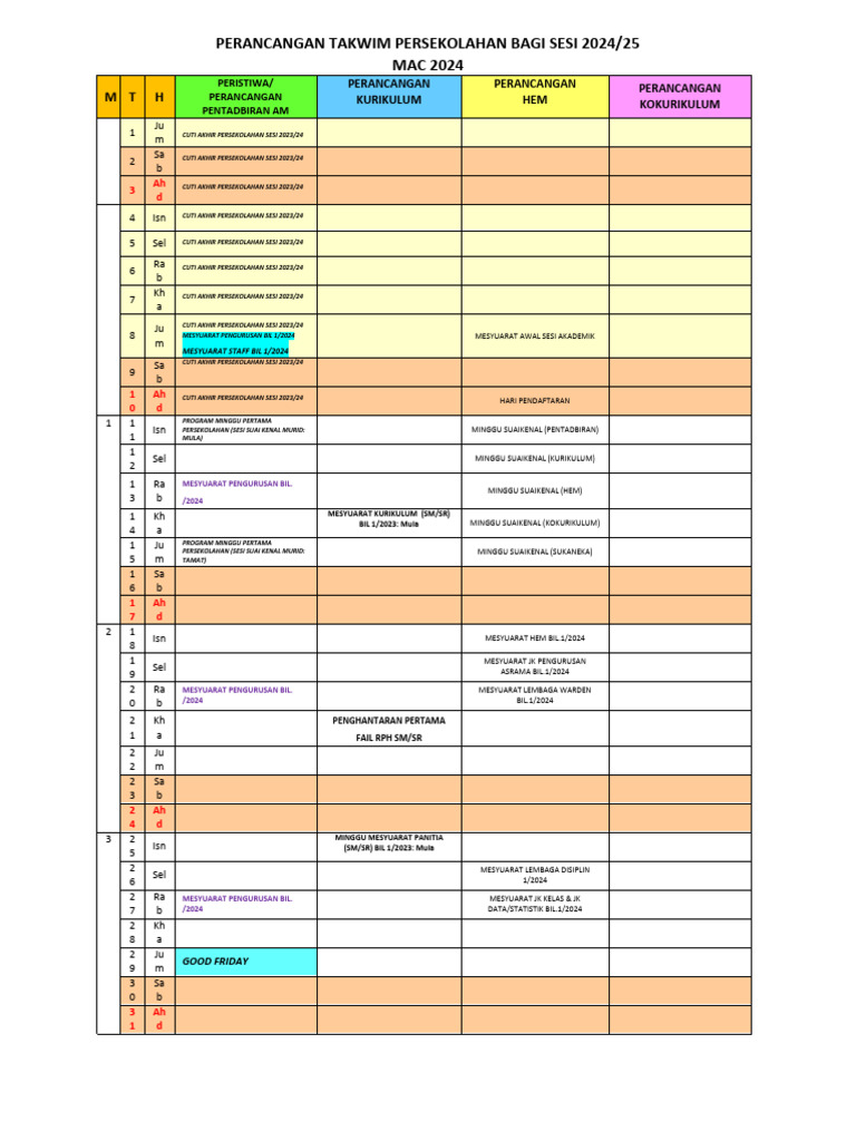 Takwim Kurikulum Bagi Sesi 2024 Rujukan Guru | PDF