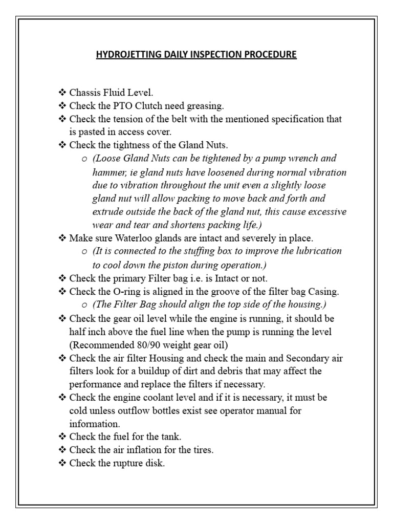 Hydrojetting Daily Inspection | PDF | Valve | Throttle