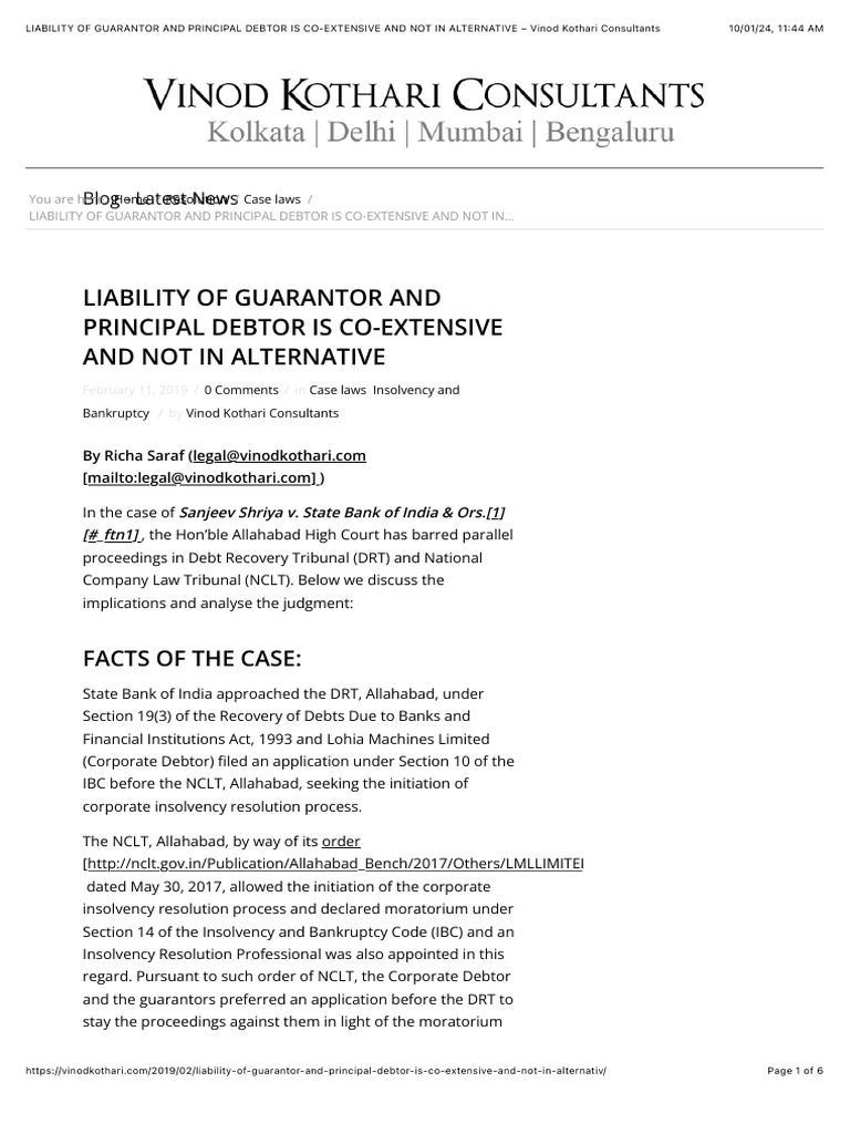 Liability of Guarantor and Principal Debtor Is Co-Extensive and Not in ...