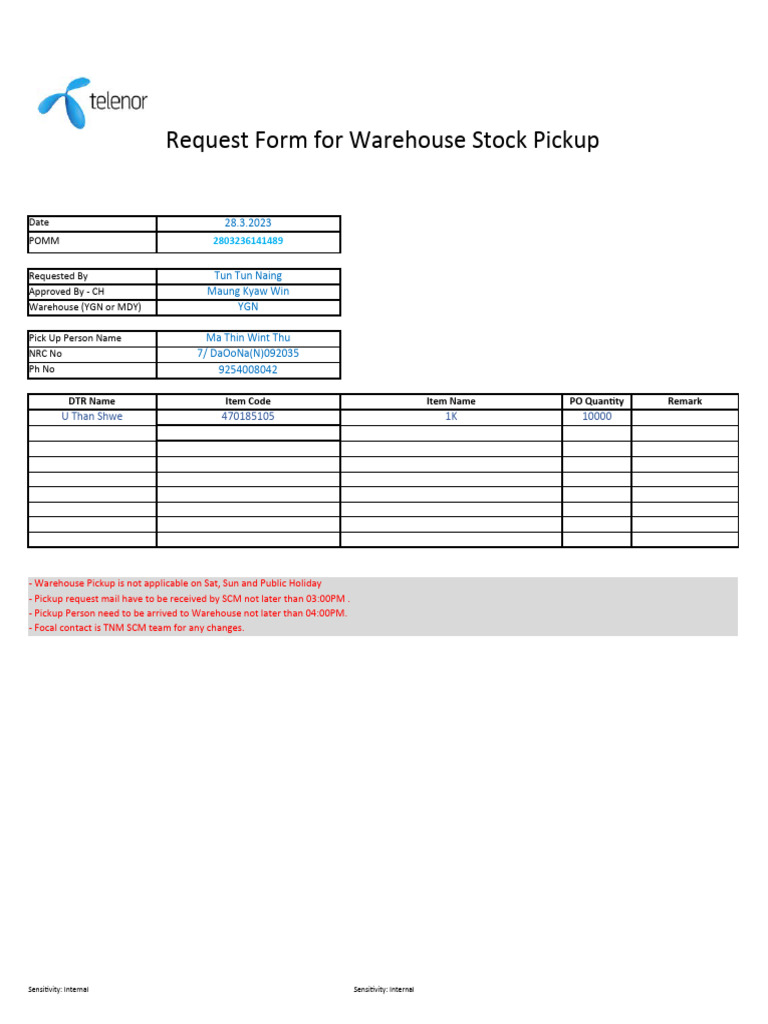 Warehouse Stock Pickup Request Form | PDF