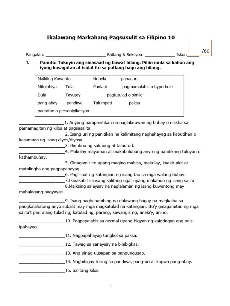 2nd Quarter Examination in Filipino 10 2022 2023 | PDF