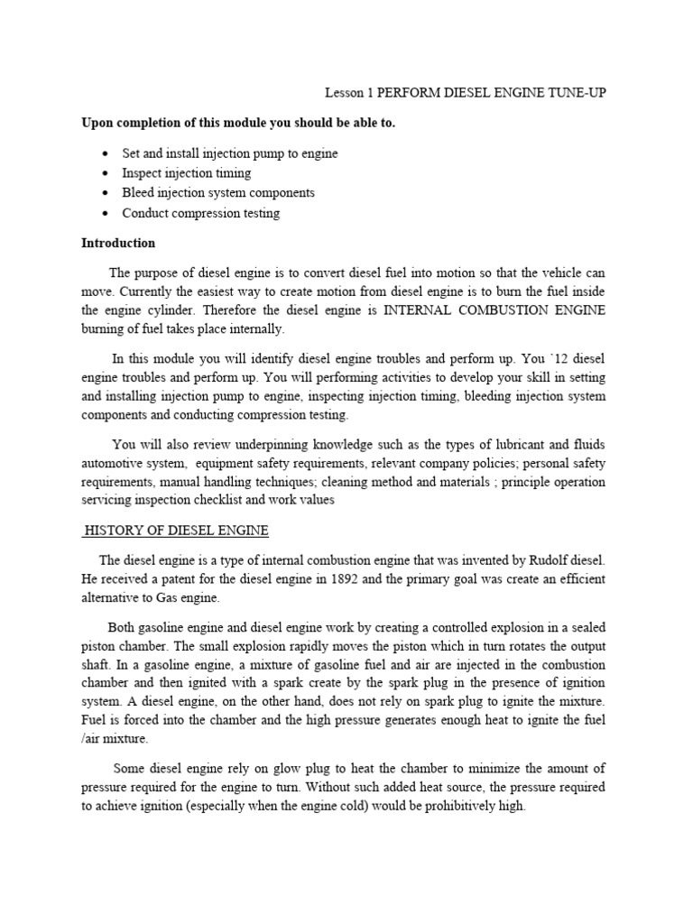 Lesson 1 PERFORM DIESEL ENGINE TUNE | PDF | Internal Combustion Engine | Diesel Engine