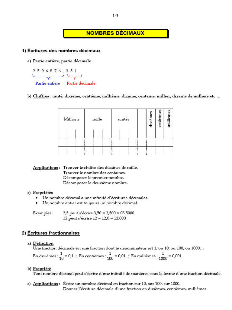 Exercices sur les Nombres Décimaux 6ème | PDF | Mathématiques ...