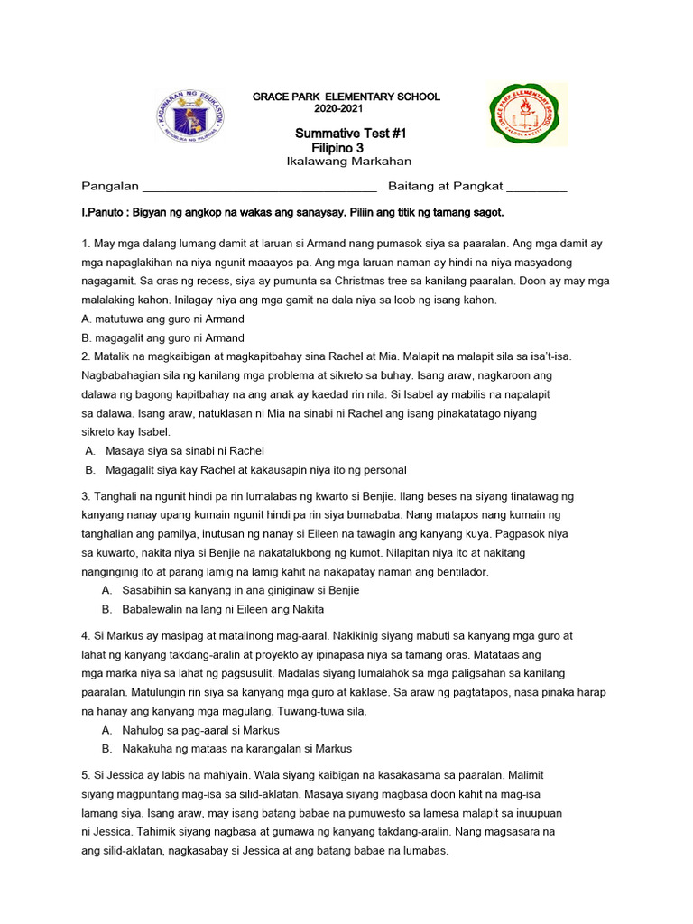 2nd Quarter SUMMATIVE TEST 1 FILIPINO 3 | PDF