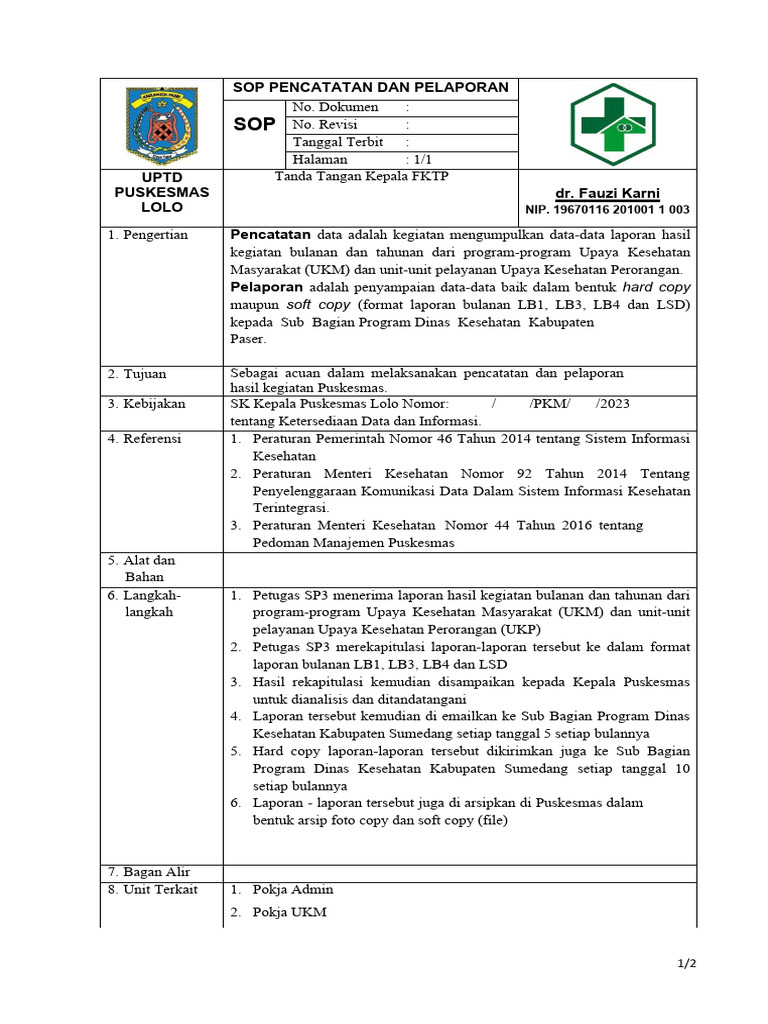 SOP Pencatatan Dan Pelaporan | PDF