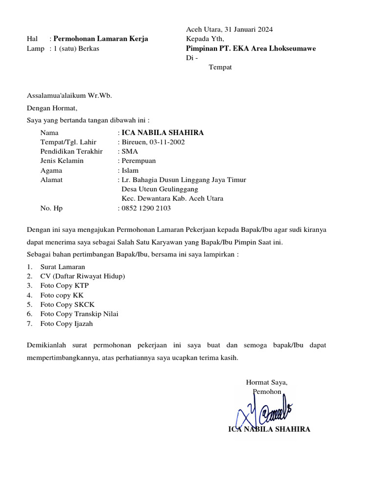 Berkas Lamaran Ica Nabila | PDF