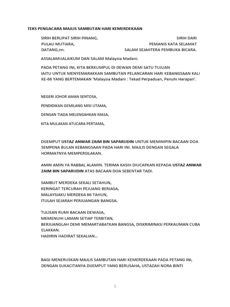 Teks Pengacara Majlis Sambutan Hari Kemerdekaan | PDF