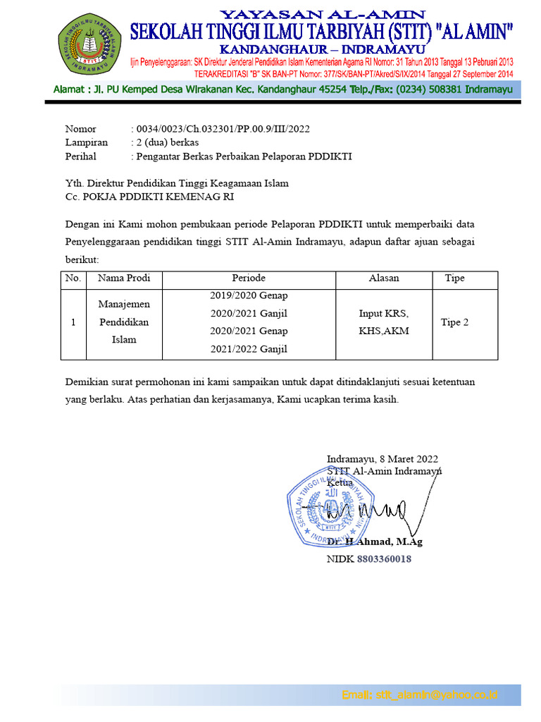 Format Surat Pengantar Berkas Perbaikan Pelaporan Pddikti 2 | PDF