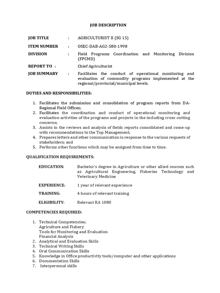 Job Description: Agriculturist II | PDF | Technology & Engineering