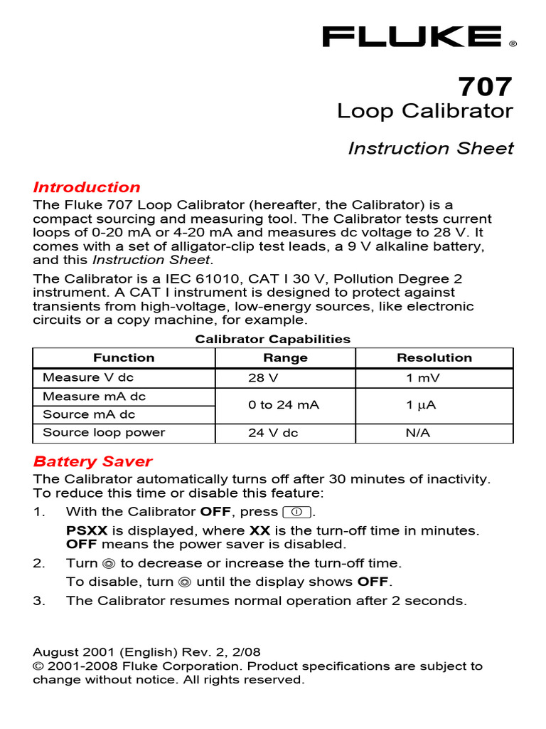Fluke 707 Loop Calibrator | PDF | Metrology | Electrical Engineering