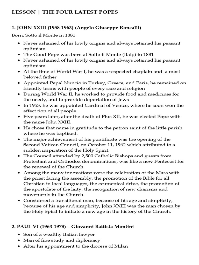 The Four Popes Before Pope Francis | PDF | Pope Benedict Xvi | Catholic ...