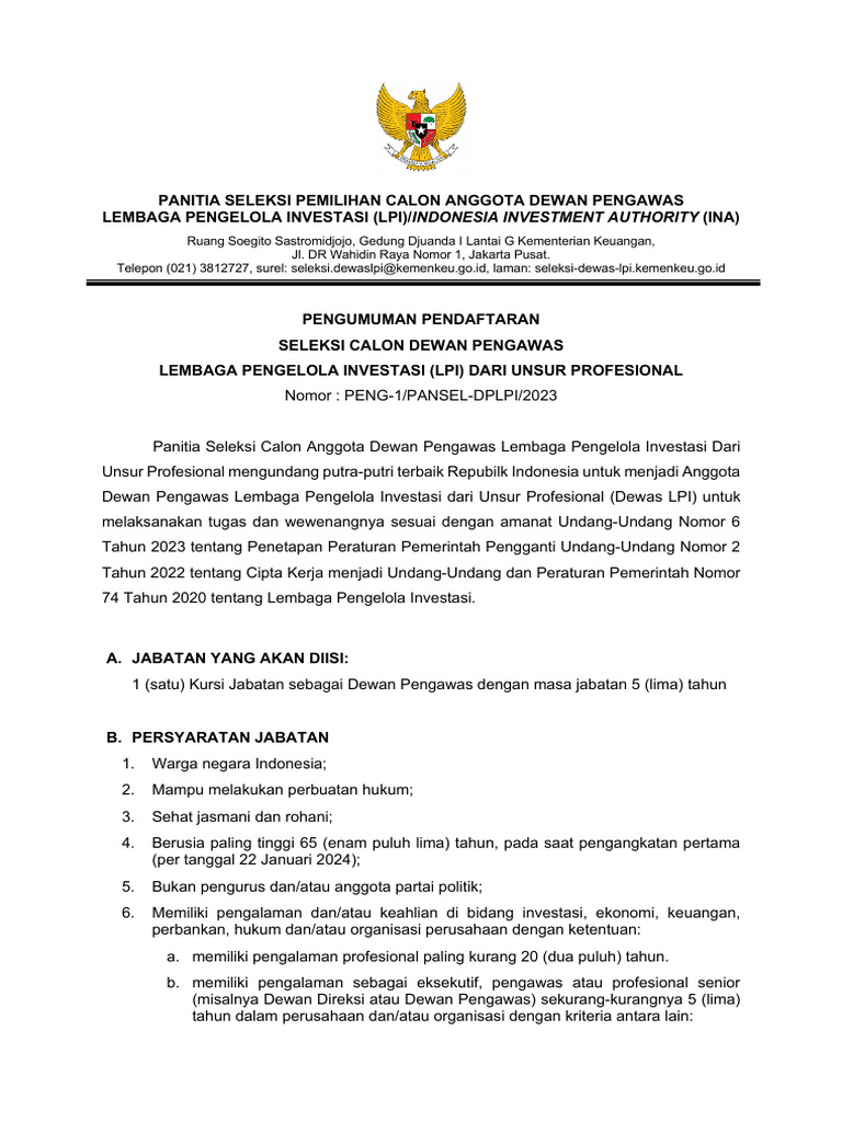 FINAL Pengumuman Rekrutmen Dewas | PDF