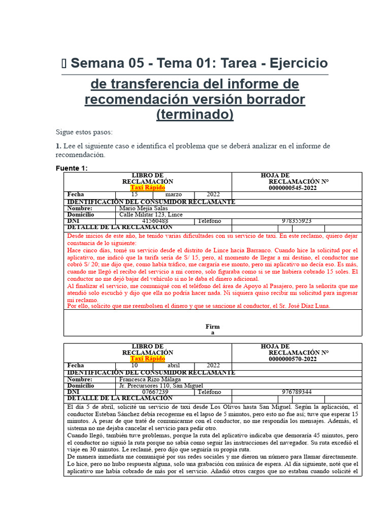 ? Semana 05 - Tema 01 Tarea - Ejercicio de Transferencia Del Informe de Recomendación Versión ...