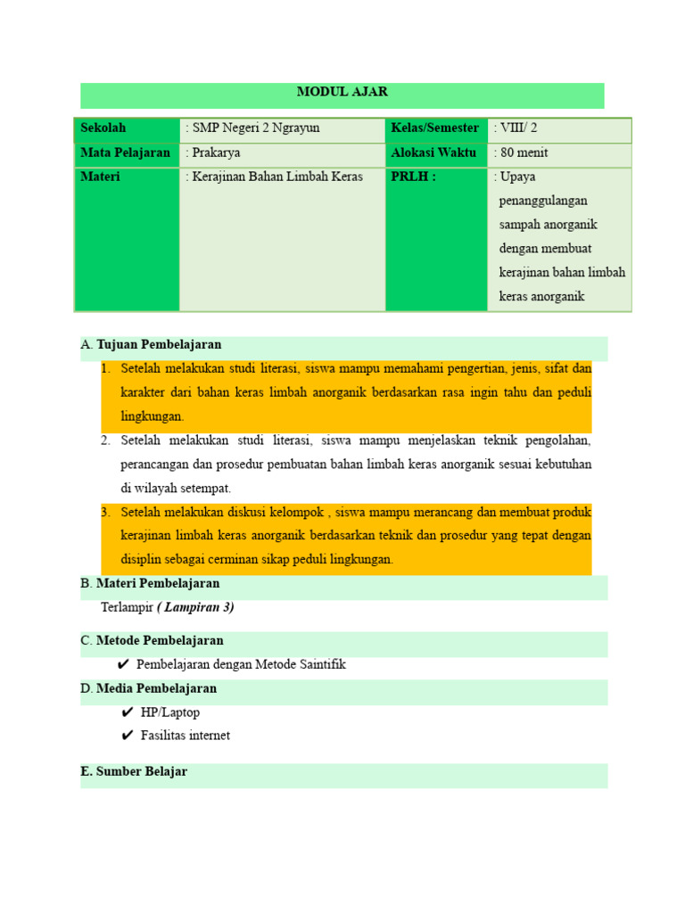 RPP Prakarya 8 Limbah Anorganik | PDF