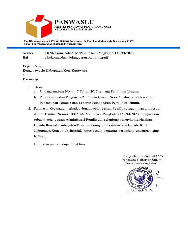 LHP 002 Revisi (PPS, Sipol Kecamatan Pangkalan 2023) | PDF