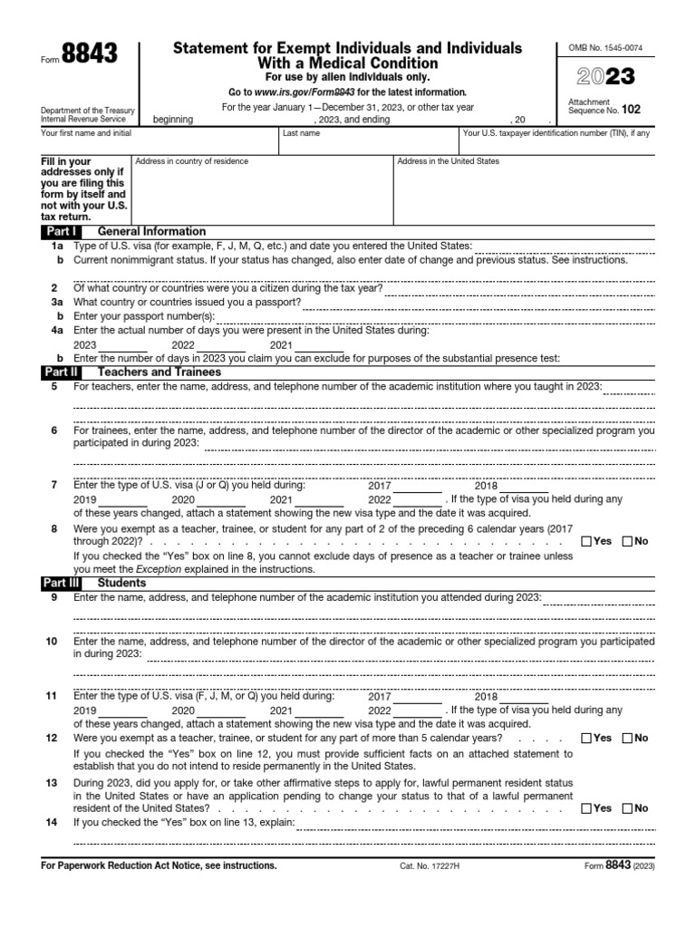2023 Form 8843 for Exempt Individuals | PDF | Public Law | Government ...