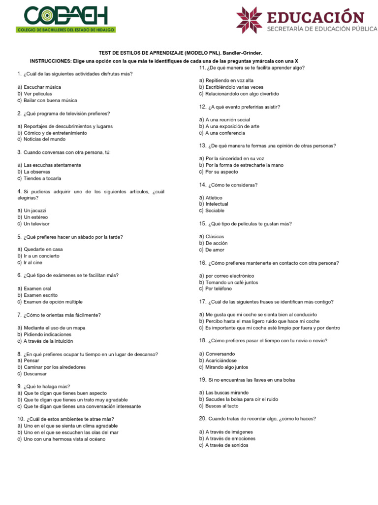 Test Estilos de Aprendizaje-Modelo PNL. Bandler-Grinder - .PDF ...