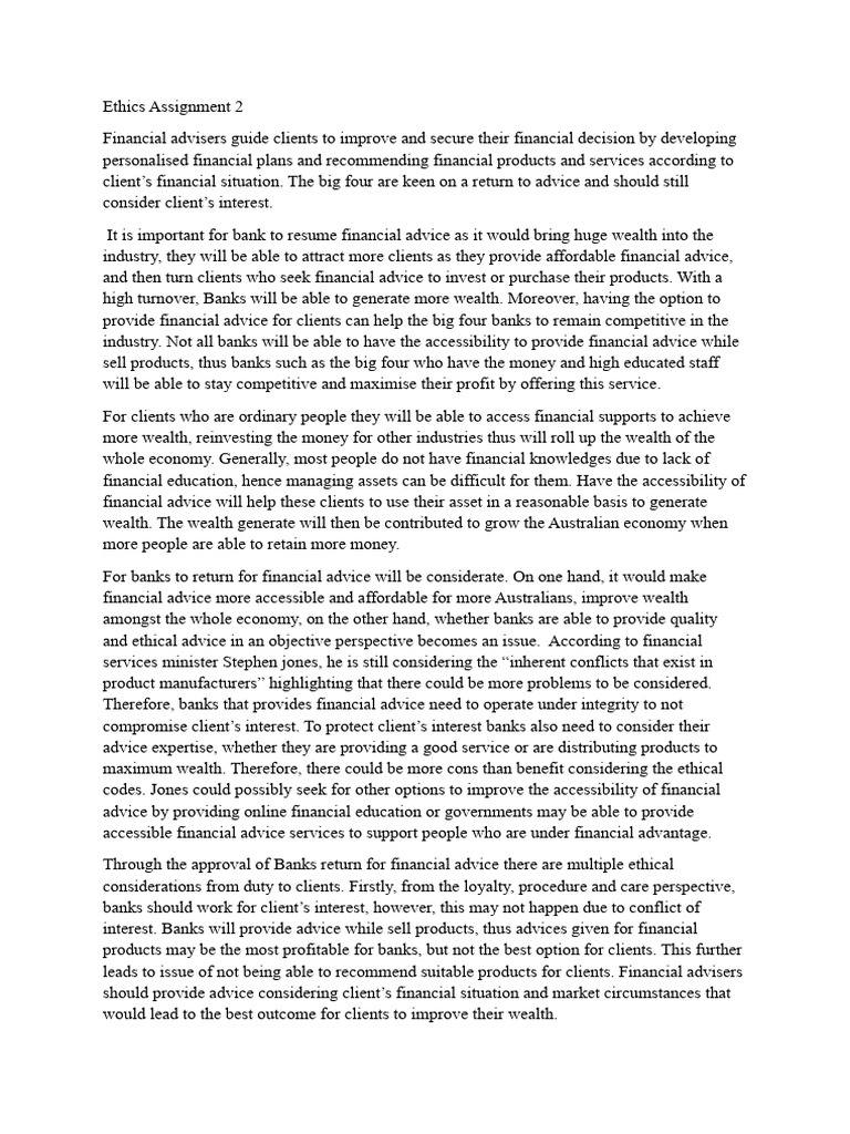 Ethics Assignment 2 (1352356 TING TANG) | PDF | Financial Adviser | Banks