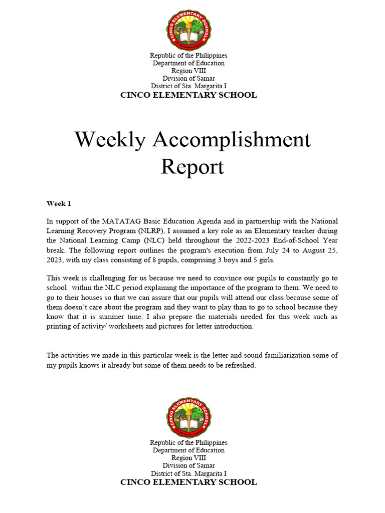 NLC Weekly Accomplishment Report 2023 | PDF | Learning | Human ...