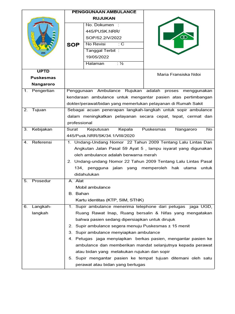 Sop Penggunaan Ambulance Rujukan 2018 | PDF | Sains & Matematika