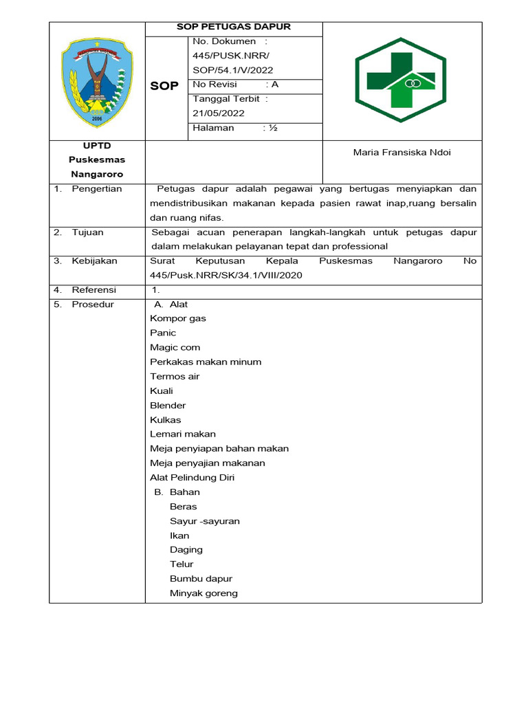 Sop Petugas Dapur | PDF | Kesehatan Holistik