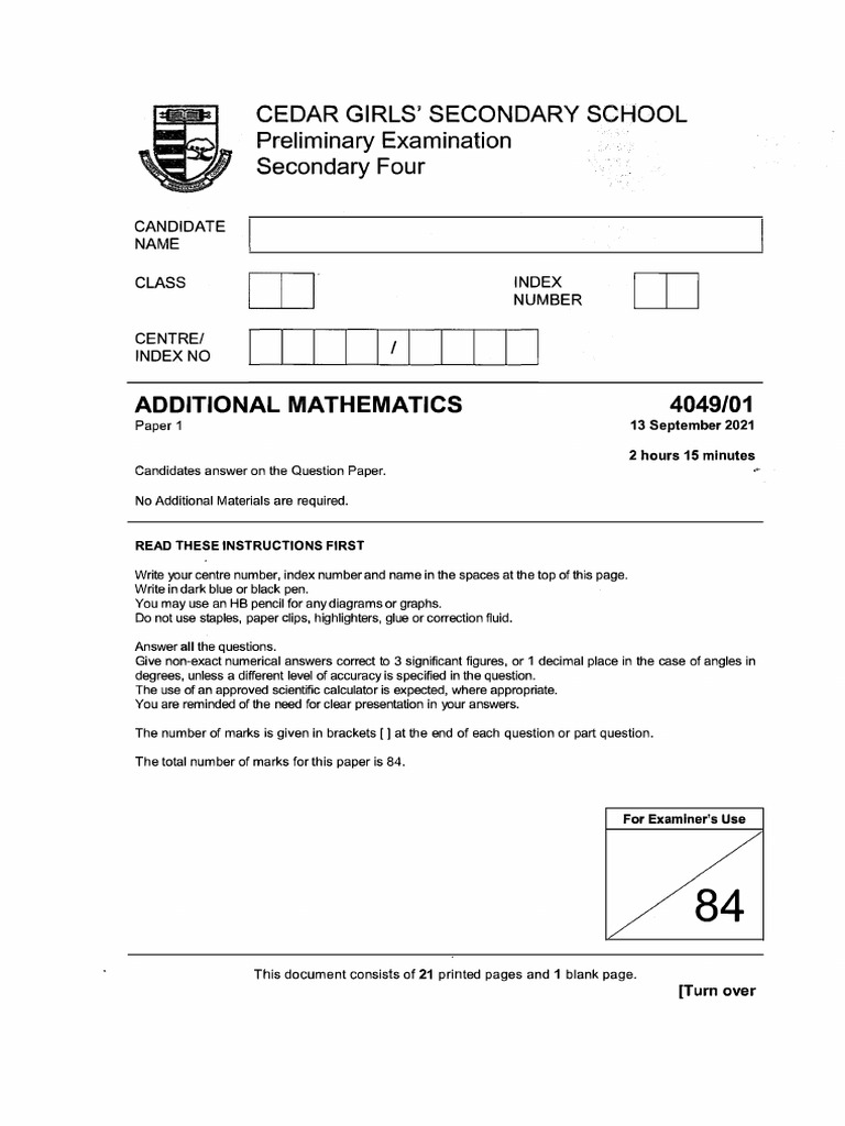 A-Math - Sec 4 Prelims Exam Paper - 2021 - Cedar Girls | PDF