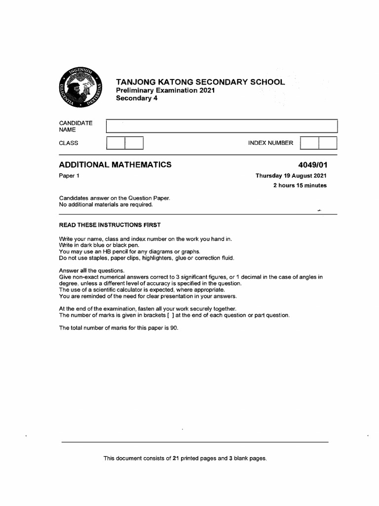 A-Math - Sec 4 Prelims Exam Paper - 2021 - Tanjong Katong Sec | PDF
