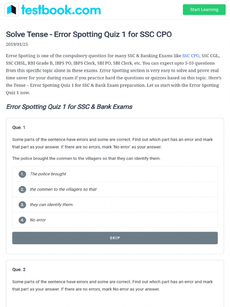 Tenses Error Spotting Quiz 1 For SSC | PDF