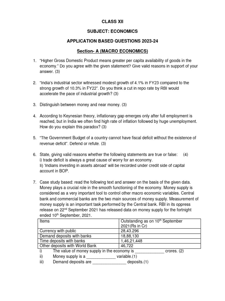ECONOMICS - CLASS XII Application Based Qs 2023-24 | PDF ...