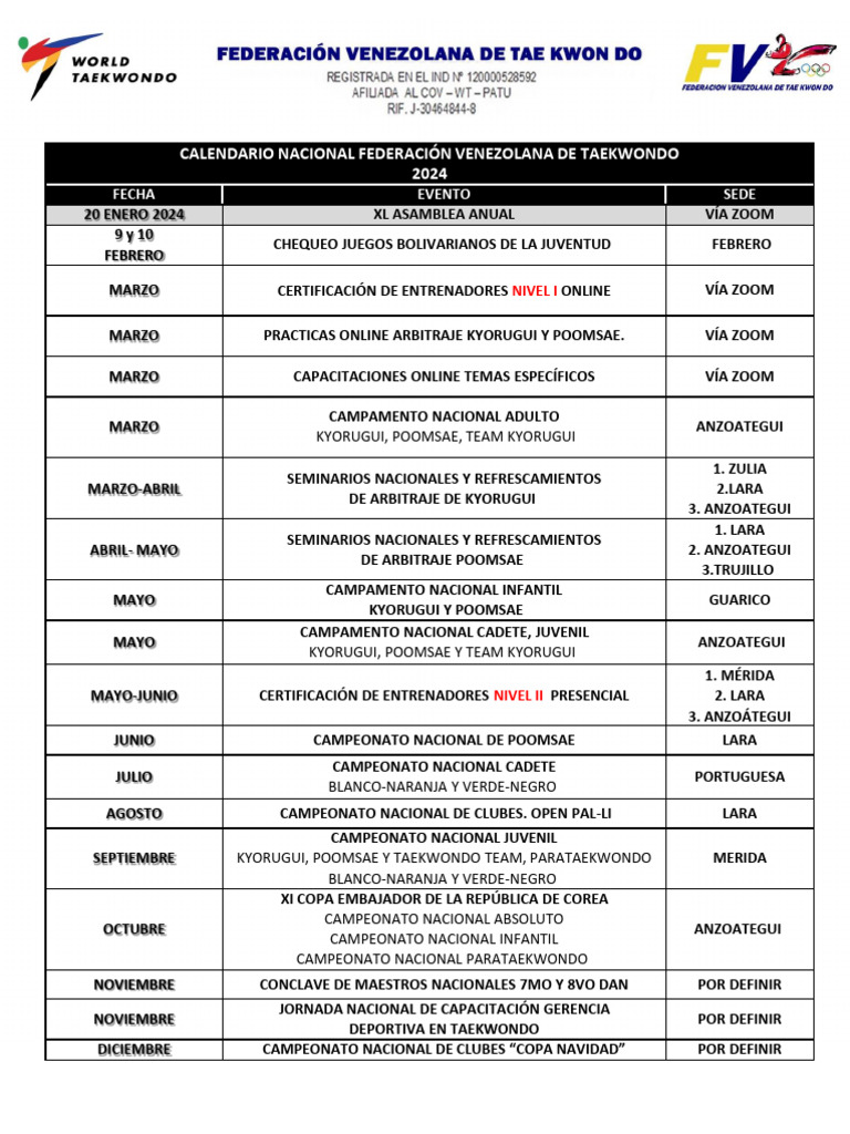 Calendario Nacional FVT 2024 | PDF | Taekwondo | Venezuela