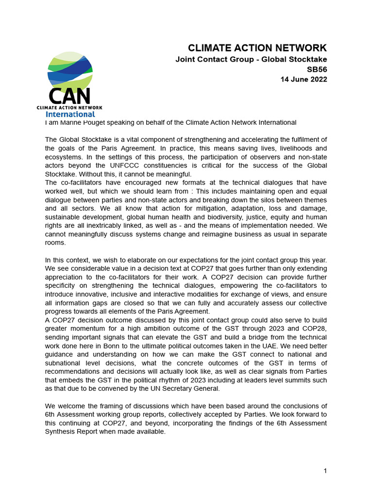 Joint Contact Group 14 June CAN Statement | PDF | Climate Change ...