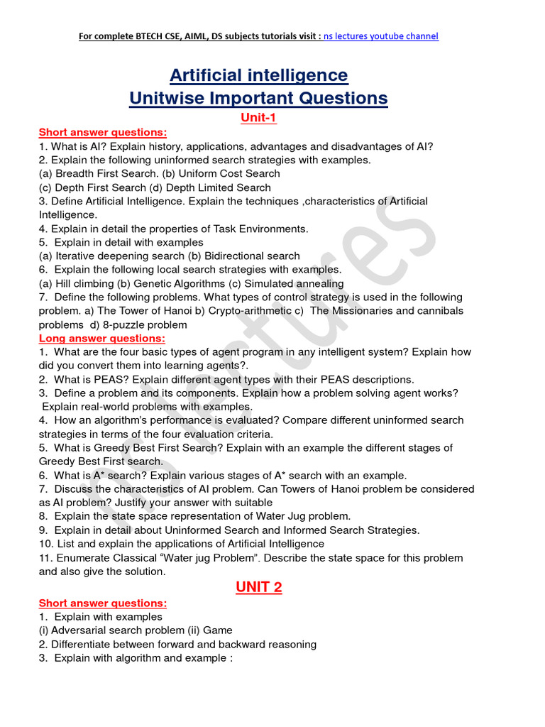 AI Unitwise Imp Questions | PDF | Logic | Artificial Intelligence AI Unitwise Imp Questions | PDF | Logic | Artificial Intelligence