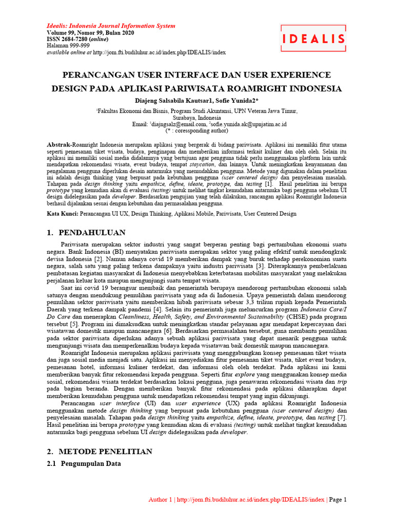 Perancangan User Interface Dan User Experience Pada Aplikasi Pariwisata Roamright Indonesia | PDF