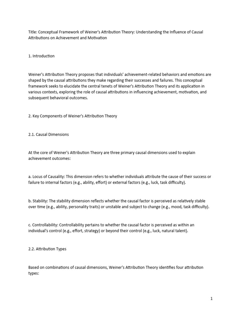 Conceptual Framework - Weiner's Attribution Theory | PDF | Motivational ...