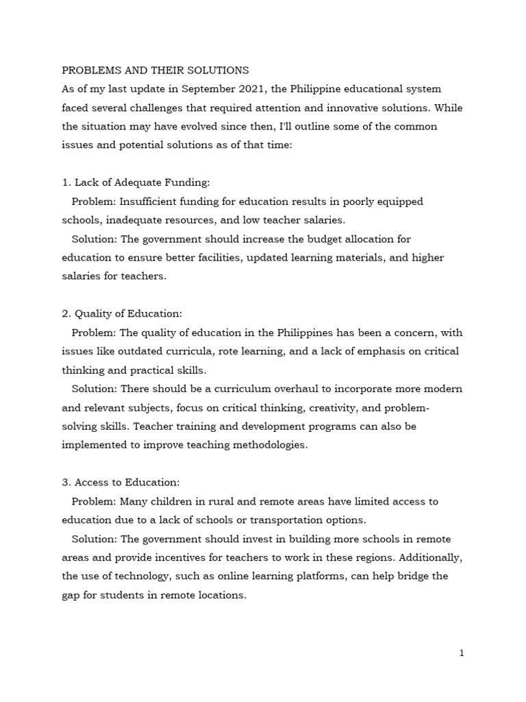 PH Educational System's Problems and Their Solutions | PDF | Teachers ...