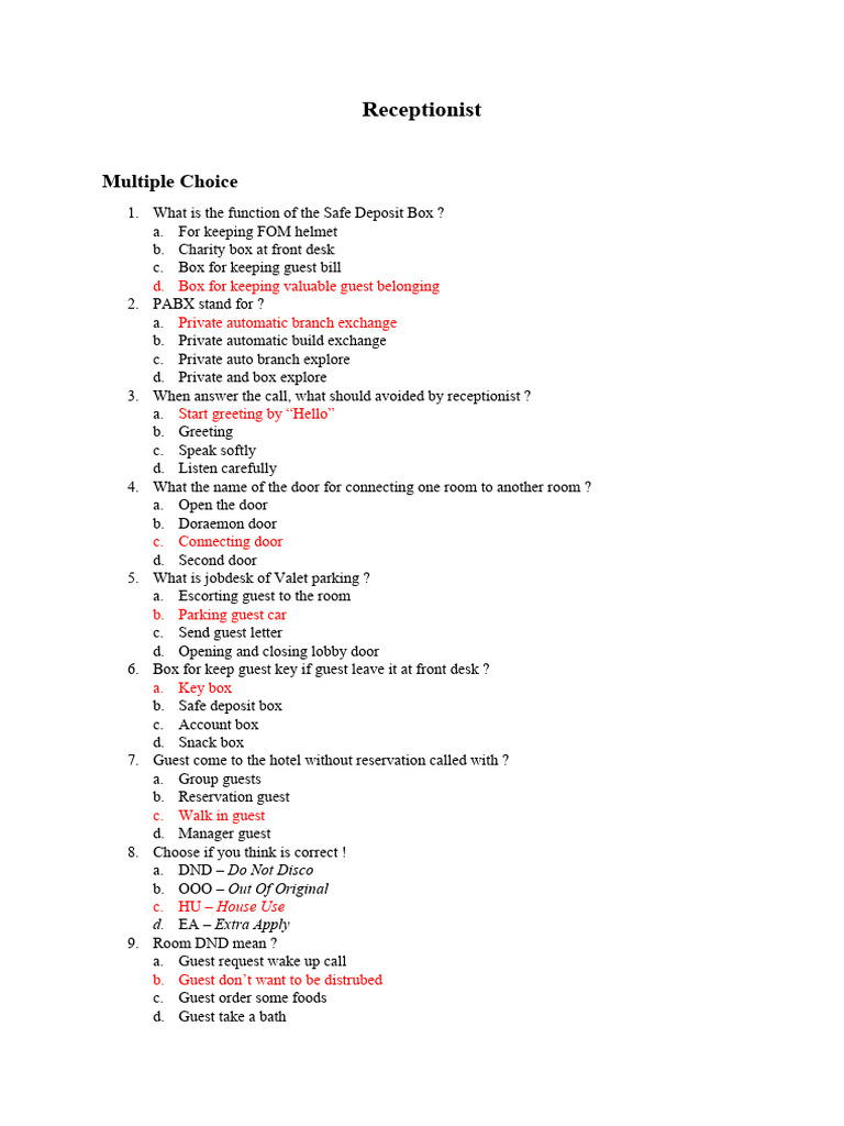 Front Office Receptionist Quiz | PDF | Business | Home & Garden